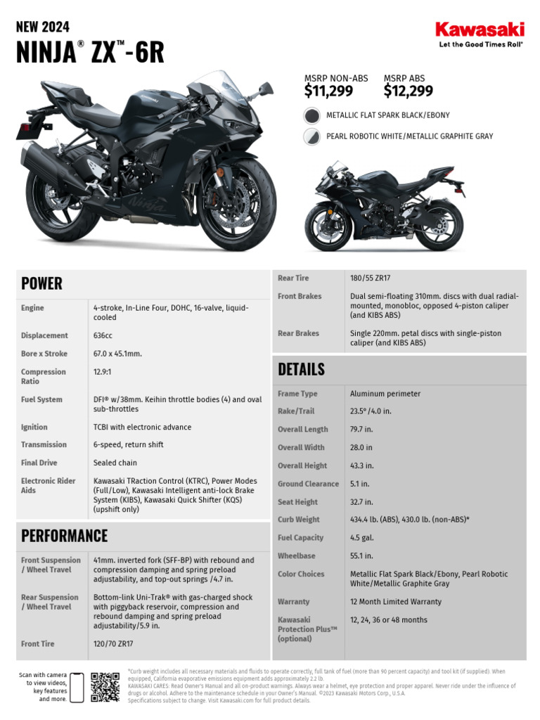 2024 Ninja ZX 6r en Us Spec Sheet | Download Free PDF | Anti Lock Braking System | Brake