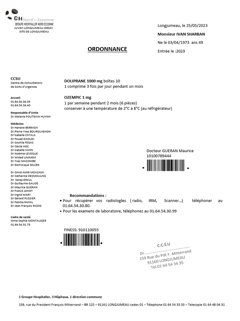 Ordonnance Médicale: Doliprane et Ozempic Usage | PDF | Bien-être