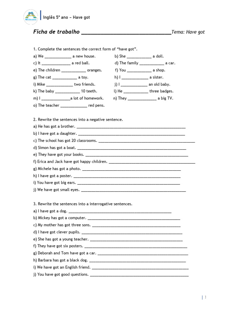 Ficha de Trabalho - Inglês 5ºano Have Got | PDF