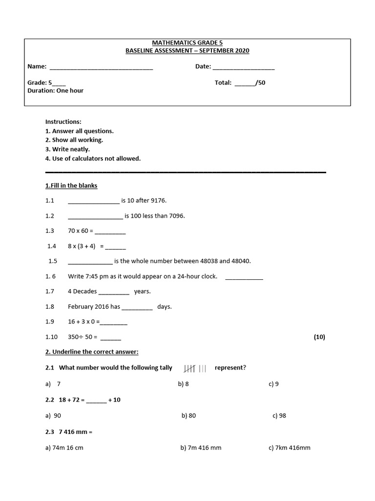 Gr5 Maths Baseline Internal September 2020-1 | PDF | Mathematics