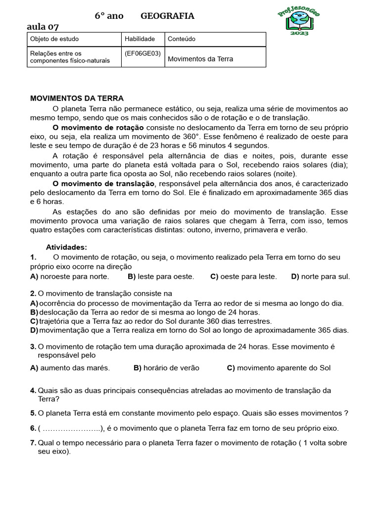 Aula 7MOVIMENTOS DA TERRA | PDF | Terra | Sol