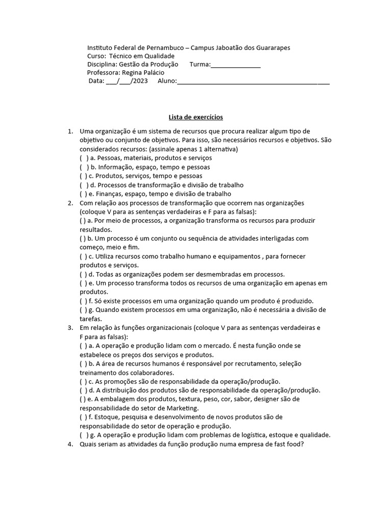 Exercícios 1ºbimestre | PDF | Pães | Qualidade (negócios)