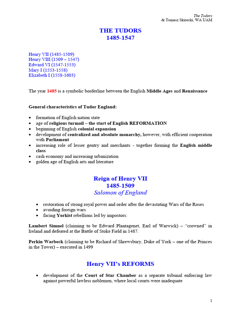 30 OUTLINE Tudors 1485-1603 | PDF | Francis Drake | House Of Tudor