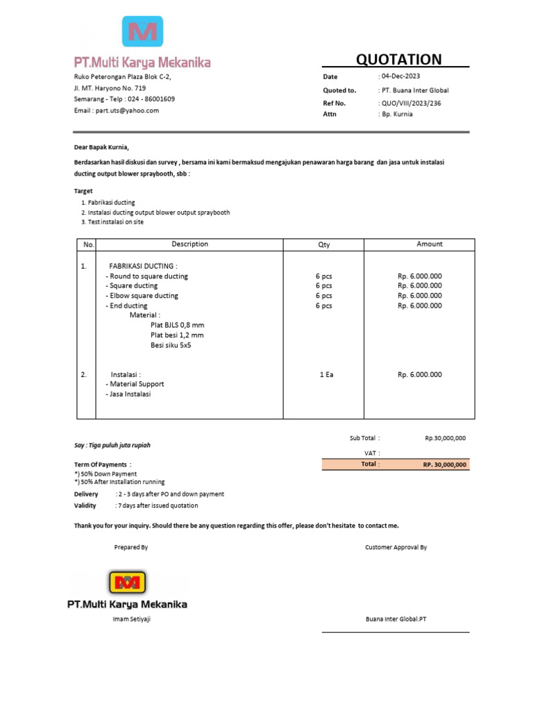 Quotation for Ducting Installation Services | PDF