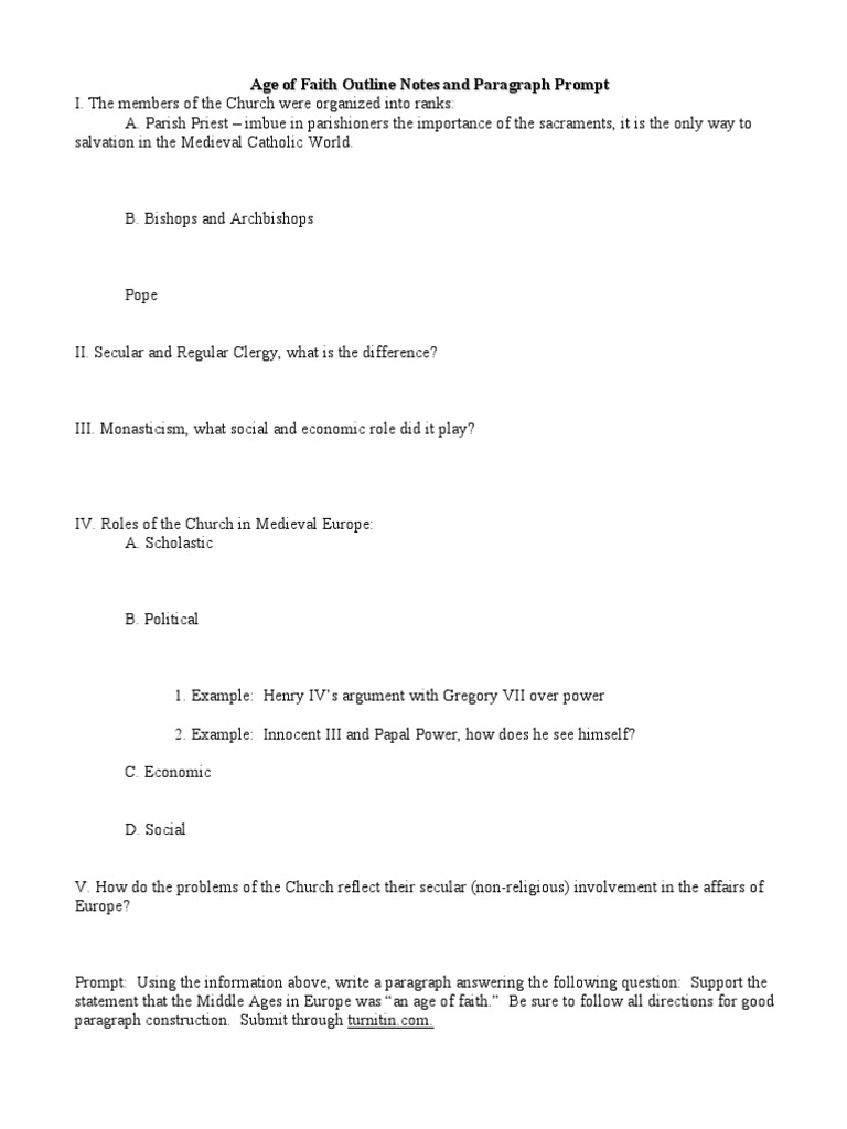 Age of Faith Outline Notes and Paragraph Prompt | PDF | Pope | Monastery