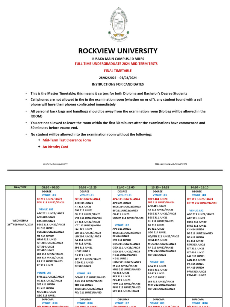 Rockview University Mid-Term Timetable 2024 | PDF | Qualifications | Vocational Education