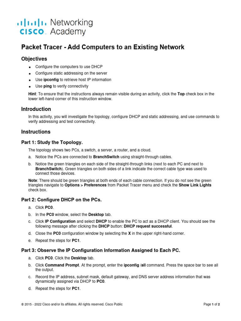 Packet Tracer - Add Computers To An Existing Network: Objectives | PDF | Ip Address | Computer ...