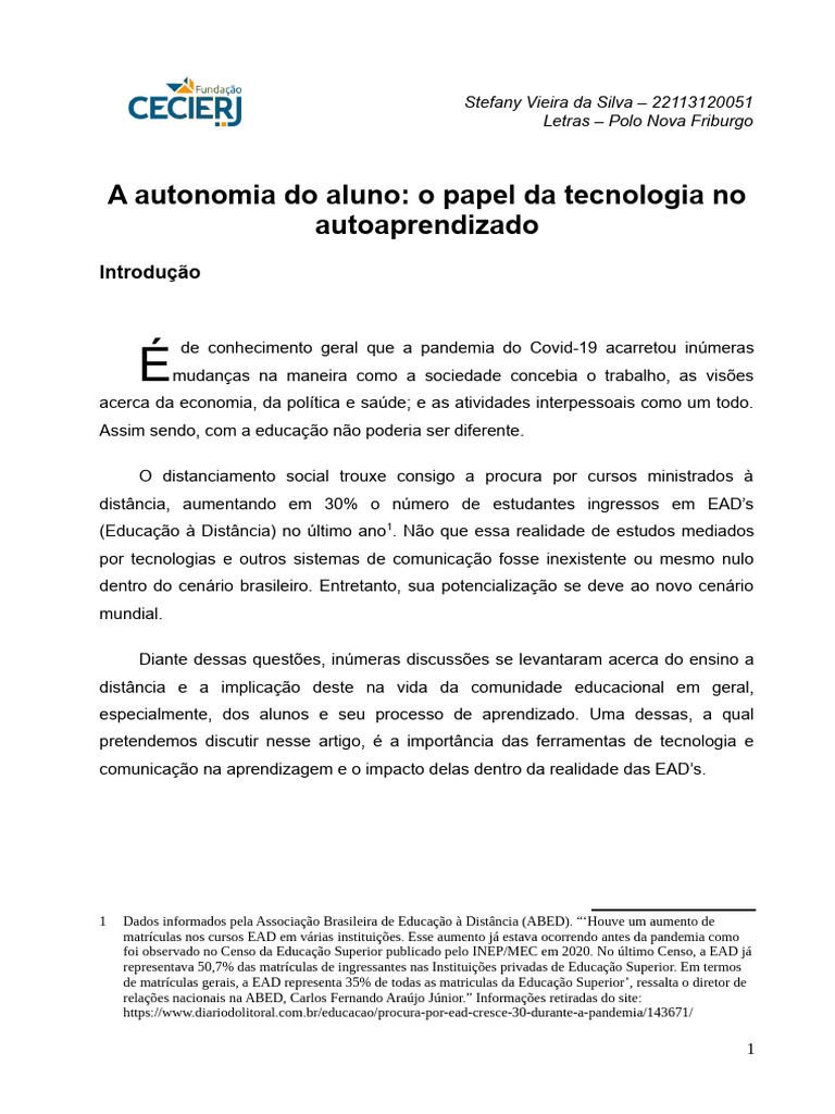 AD1 - Stefany - Letras | PDF | Educação à distância | Aprendizado