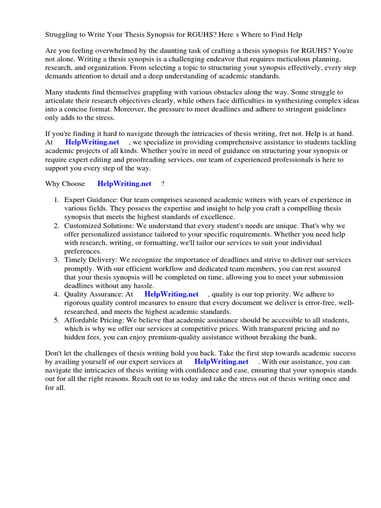 Thesis Synopsis Format Rguhs | PDF | Thesis | Medicine