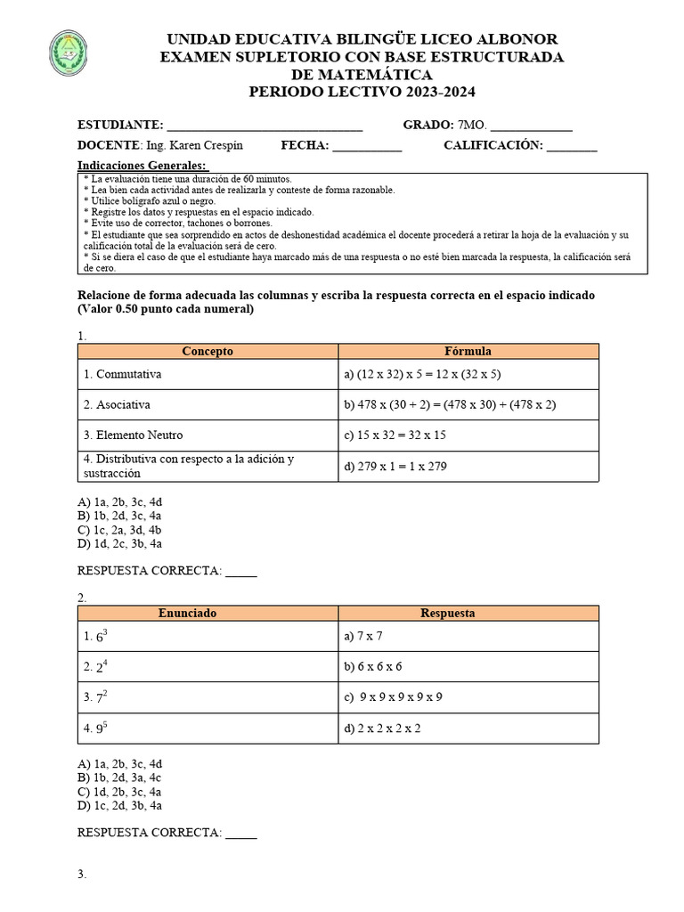 EX_SUPLETORIO_MATEMÁTICA_7mo. EGB | PDF | Matemática Elemental | Matemáticas