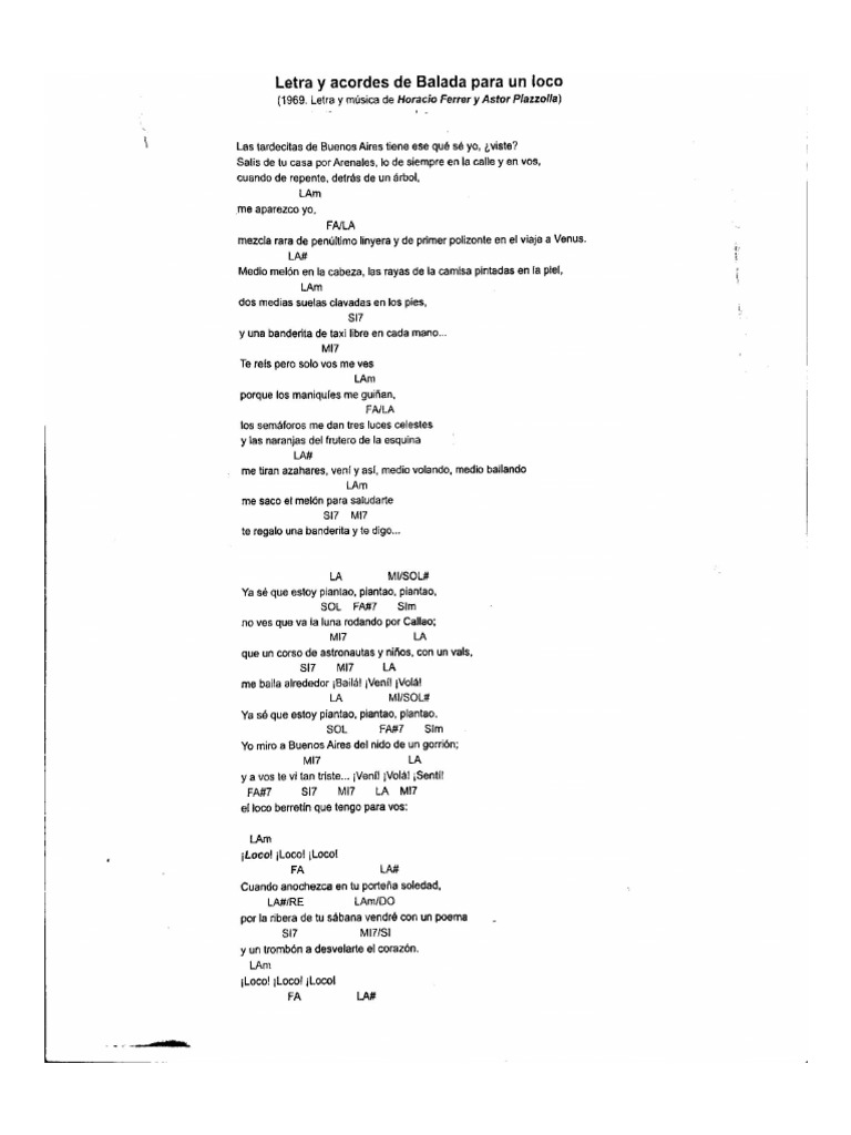 Letra y Acordes de Balada para Un Loco (Piazzolla) | PDF