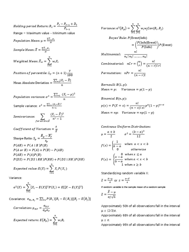 课本附录 (二) - 公式表 Formula Sheet - final | PDF | Statistical Theory | Statistical Analysis