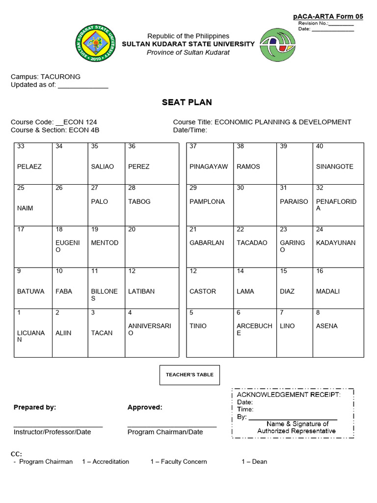 ACA ARTA Form 05 Seat Plan Blank Edited | PDF