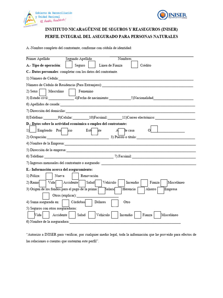 Formulario de Contrato de Seguro INISER | PDF | Seguro | Documento de ...