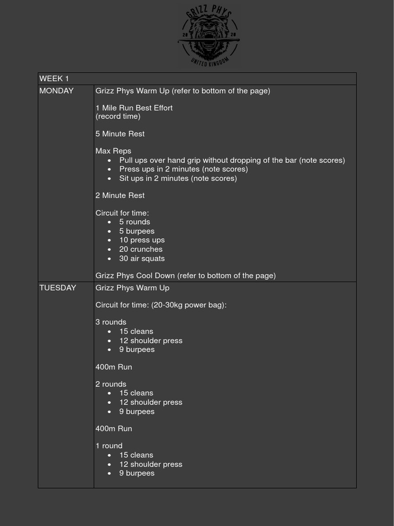 Grizz Phys 2 Week Programme - 2 | PDF | Management Of Obesity ...