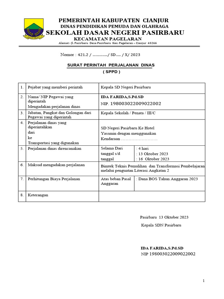 Contoh Surat Tugas Dan Surat Perintah Perjalanan Dinas SPPD | PDF