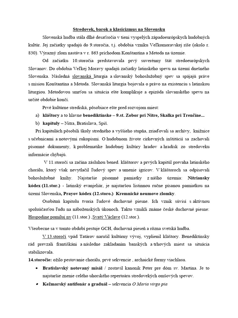 Stredovek Barok A Klasicimzus Na Slovensku | PDF