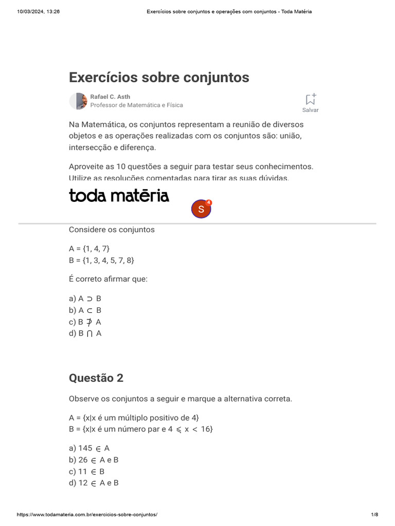 Exercícios sobre Conjuntos Matemáticos | PDF | Conjunto (Matemática ...