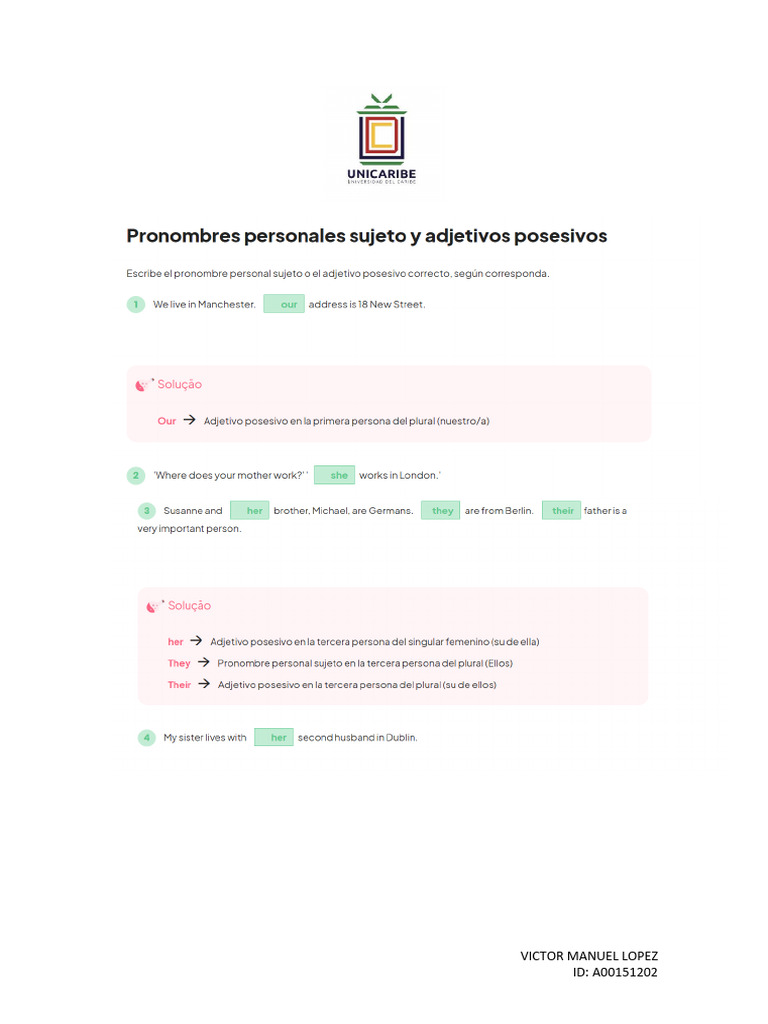 Unidad 4. Actividad 1. Entregable. Possessive Adjectives | PDF