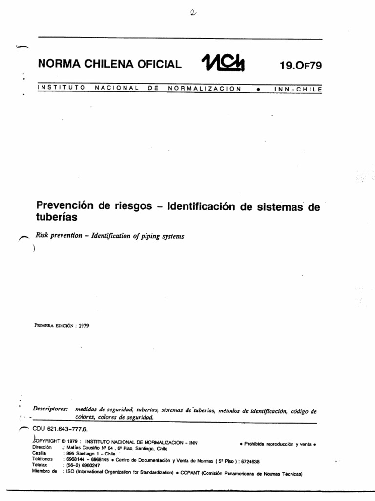 NCH 19.of79 Prevención de Riesgo - Identificación Sistema de Tuberías | PDF