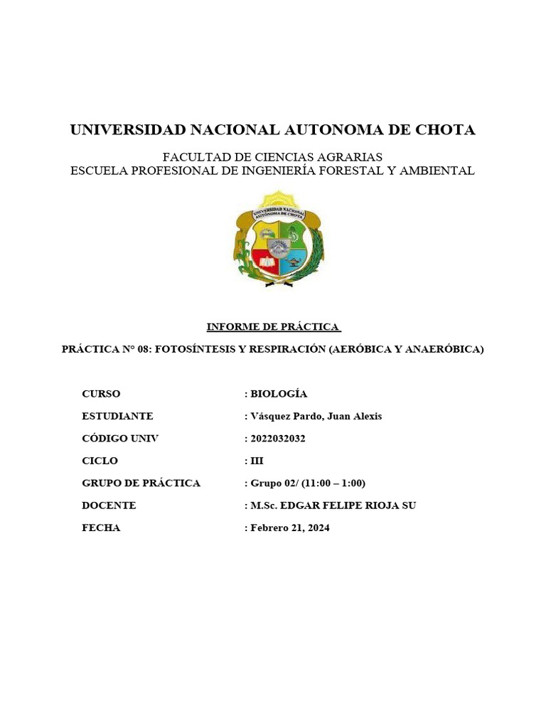 Informe Lab EPIFA UNACH 08-Biologia | PDF | Respiración celular | Oxígeno