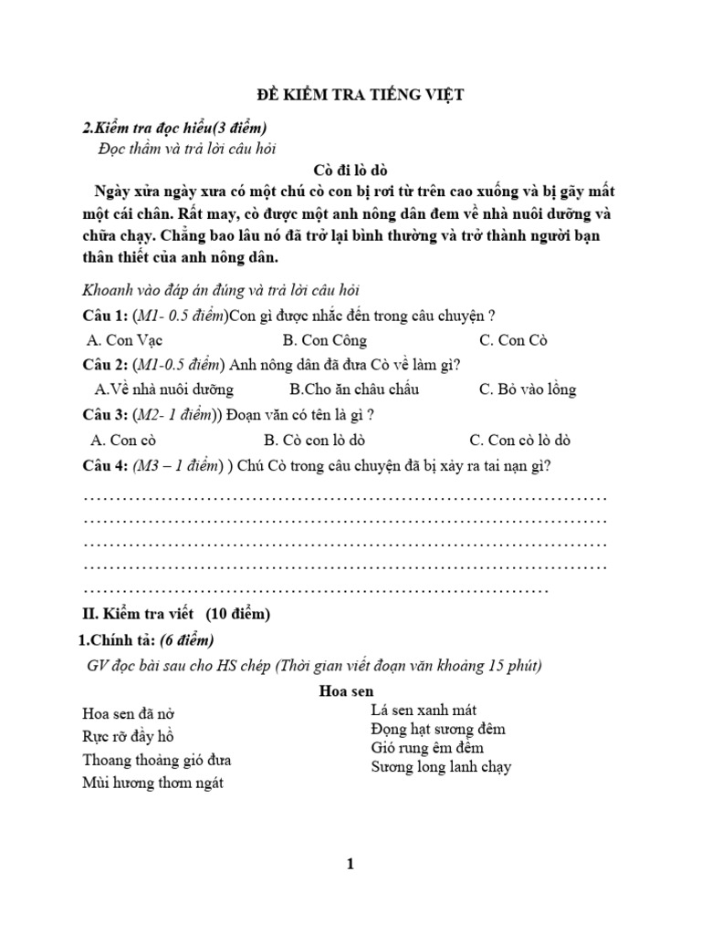 De Thi Hoc Ki 2 Tieng Viet Lop 1 | PDF