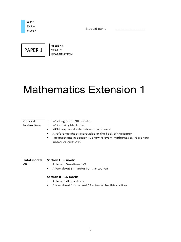 Ace Paper 1 - Mathematics Extension 1 | PDF | Function (Mathematics ...
