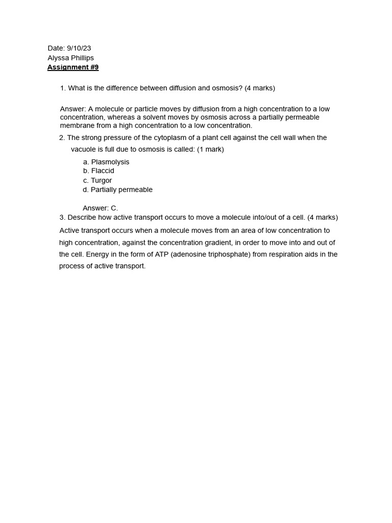 F5 Biology Assignment #9 - Osmosis and Active Transport | PDF | Osmosis ...