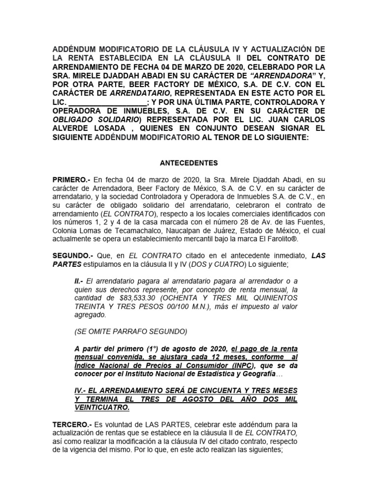 Addéndum Modificatorio Contrato de Arrendamiento | PDF