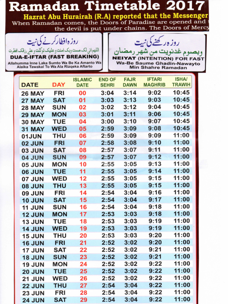 Ramadan Timetable 2017 | PDF | Sharia | Ramadan