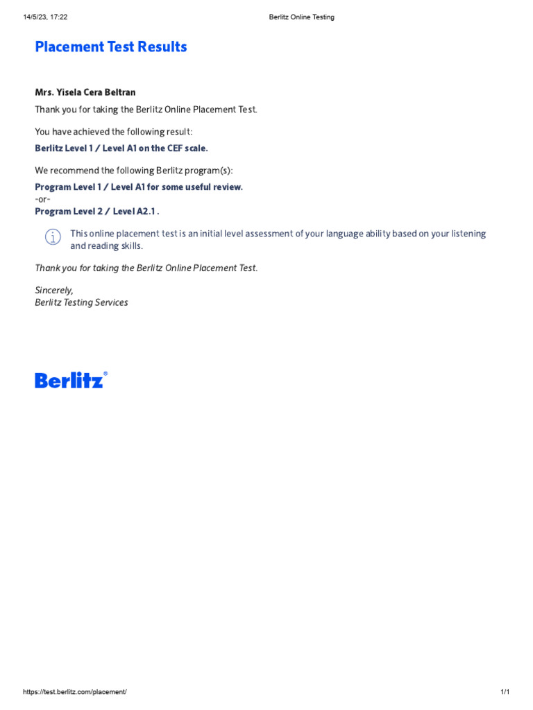 Berlitz Online Testing | PDF