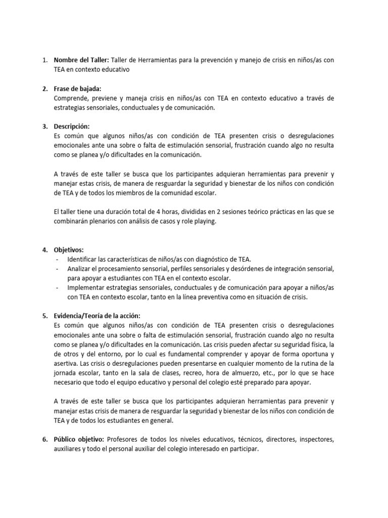 Taller de Herramientas para La Prevencion y Manejo de Crisis en Ninos ...