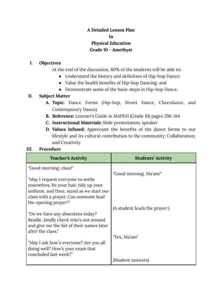 Detailed Lesson Plan in Mapeh Grade 10 Hip-Hop | PDF | Physical Fitness