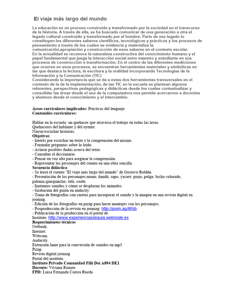 Actividades del cuento "El viaje más largo" | PDF | Comunicación ...