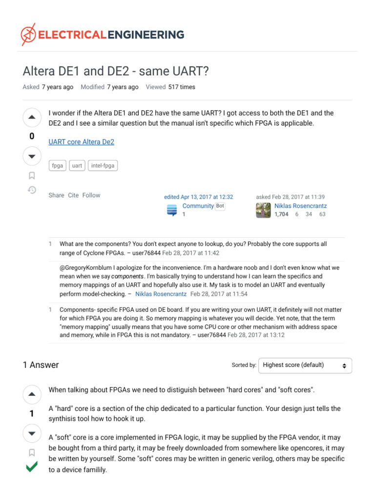 Fpga - Altera DE1 and DE2 - Same UART_ - Electrical Engineering Stack Exchange | PDF | Field ...