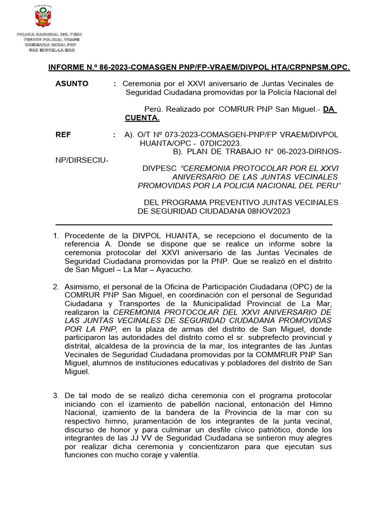 Informe N 86 Sobre Ceremonia Por El Xxvi Aniversario De Jvsc 15dic2023