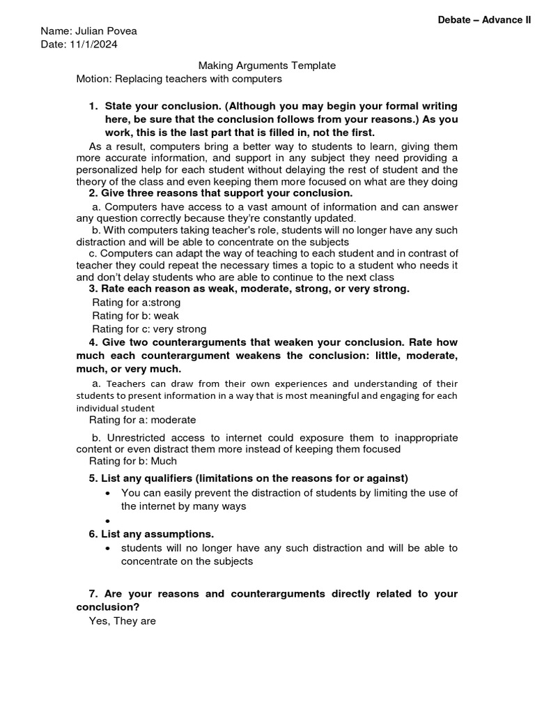 Julian Caleb Povea Cueva - Making Arguments Template | PDF | Reason | Argument