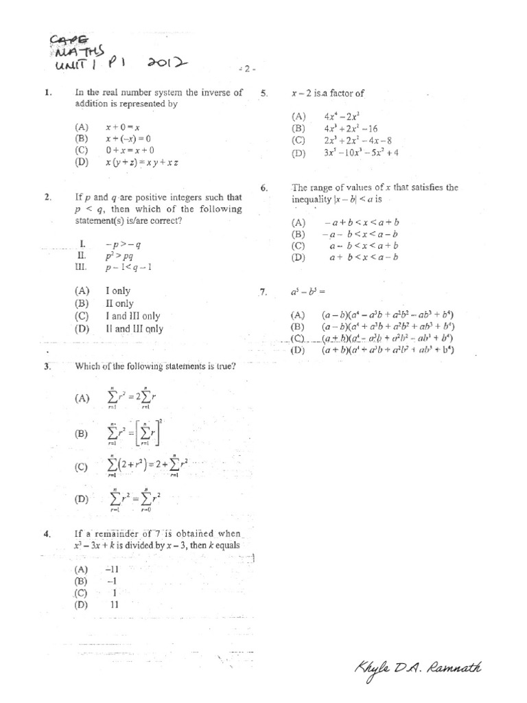 CAPE Pure Mathematics U1 P1 2012 | PDF