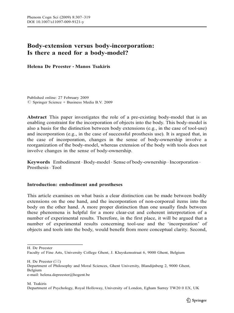 De Preester y Tsakiris 2009 - Body-extenson vs Body-Incorporation | PDF ...