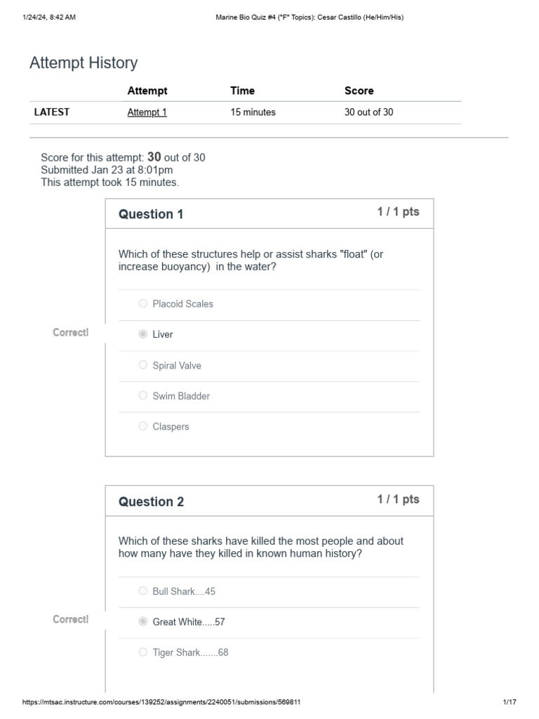 Marine Biology Quiz: Shark Facts | PDF | Sharks | Fish