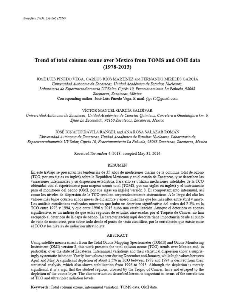 Trend of Total Column Ozone Over Mexico From TOMS and OMI Data (1978-2013) | PDF | Nature ...