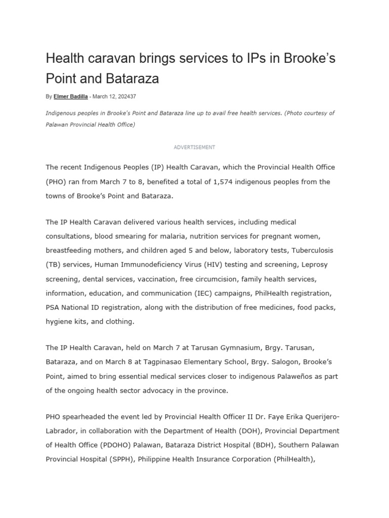 Health Caravan Brings Services To IPs in Brooke's Point and Bataraza | PDF