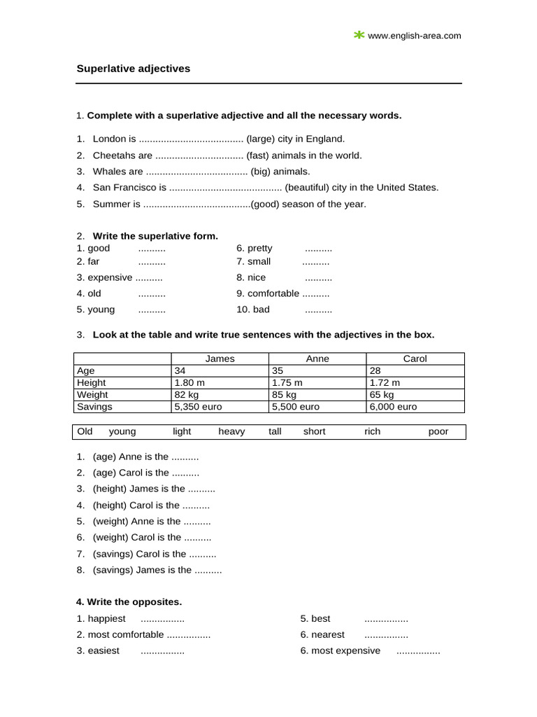 Superlative Adjectives Practice Exercises | PDF | Home & Garden
