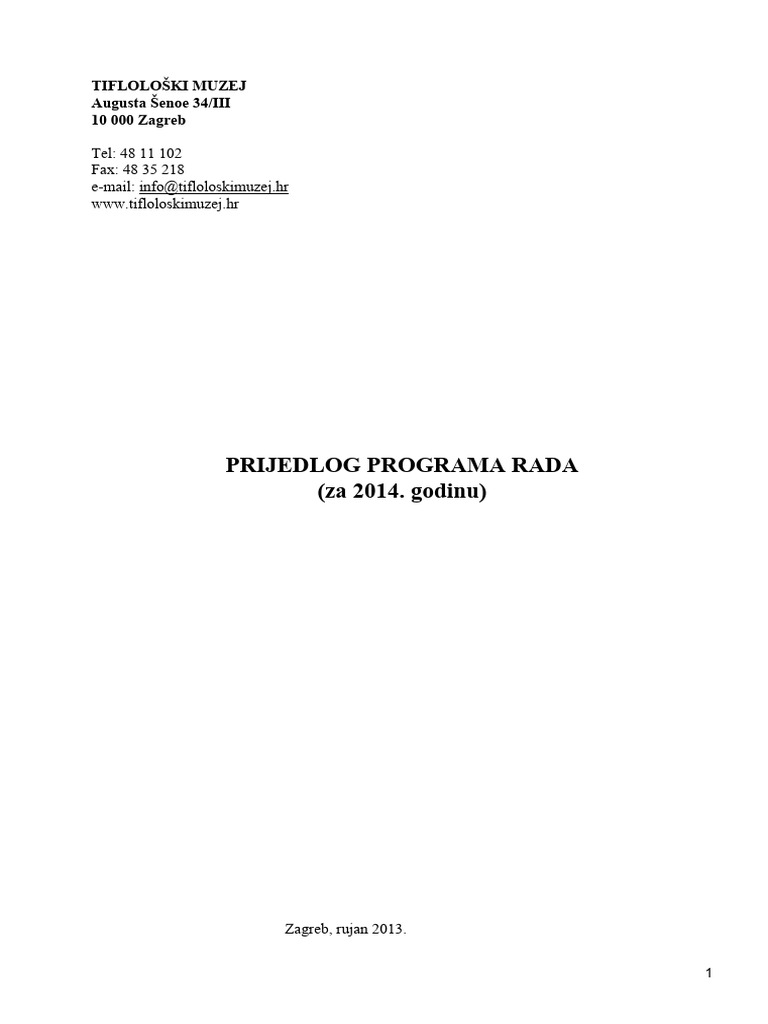 Prijedlog Programa Rada Tifloloskog Muzeja Za 2014 Godinu | PDF