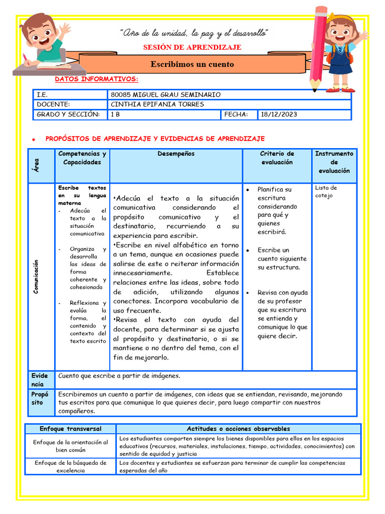 Escribiendo un cuento en primer grado | PDF | Cuentos | Evaluación