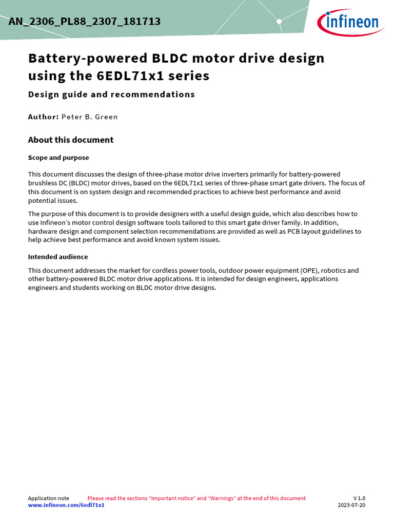 Infineon An 2306 Pl88 2307 181713 Battery Powered Bldc Motor Drive Design Using The 6edl71x1