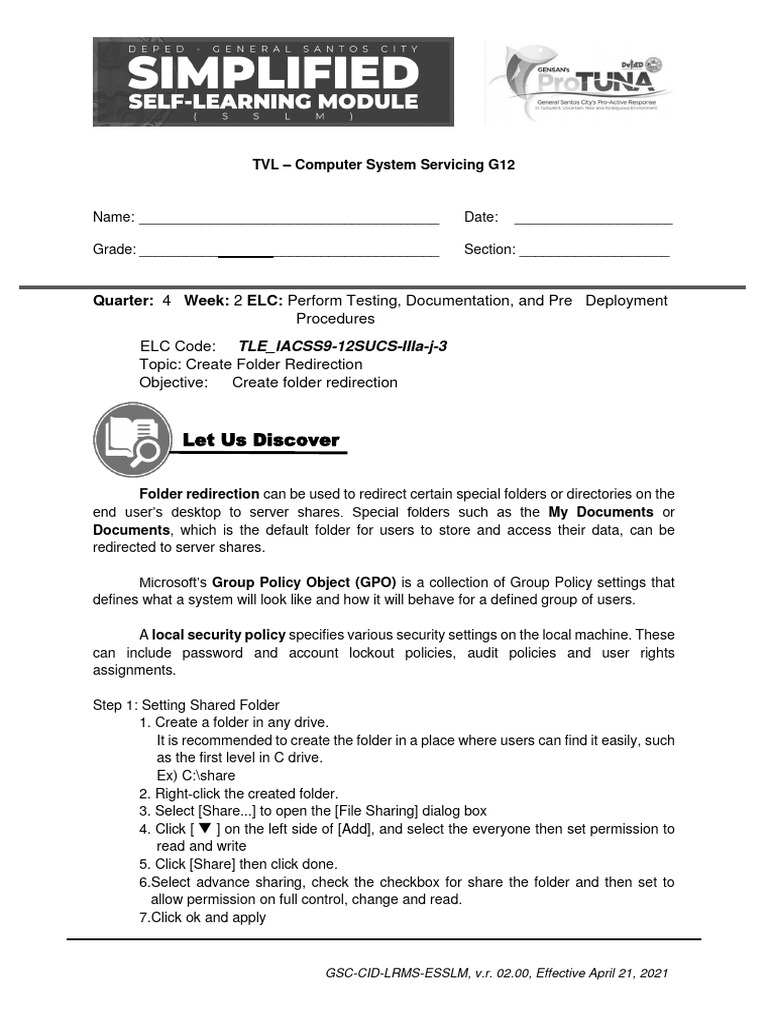 Let Us Discover: Quarter: 4 Week: 2 ELC: Perform Testing, Documentation ...