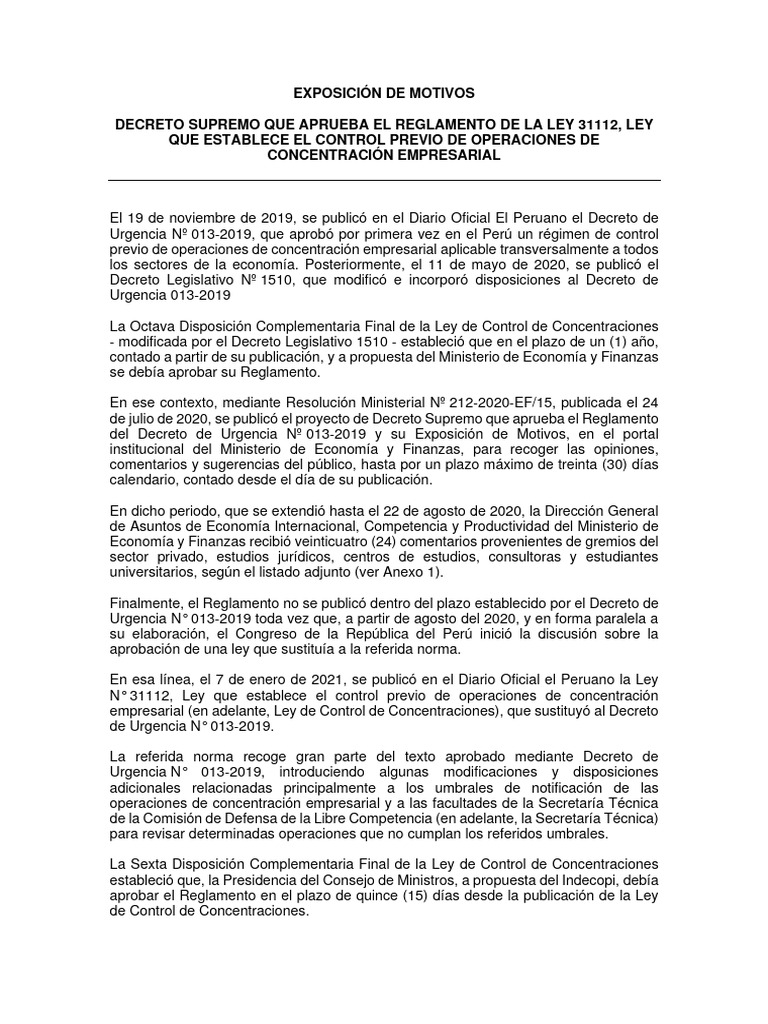 Reglamento Ley 31112 - Ley de Concentraciones Empresariales - Exposición Motivos | Descargar ...