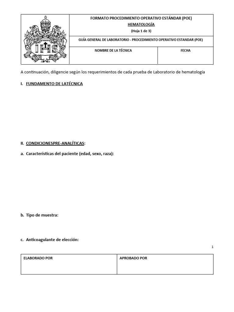 Formato POE HEMATOLOGÍA | PDF | Laboratorios | Medicina CLINICA
