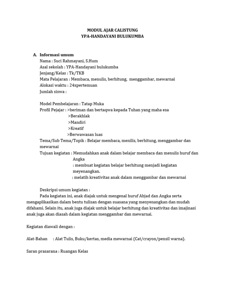 Modul Ajar Calistung | PDF | Seni & Disiplin Bahasa